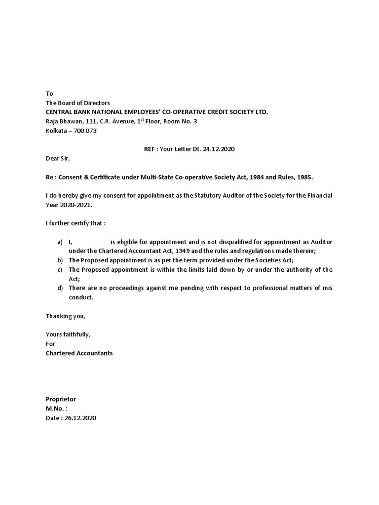Auditor Consent Letter for Appointment | PDF