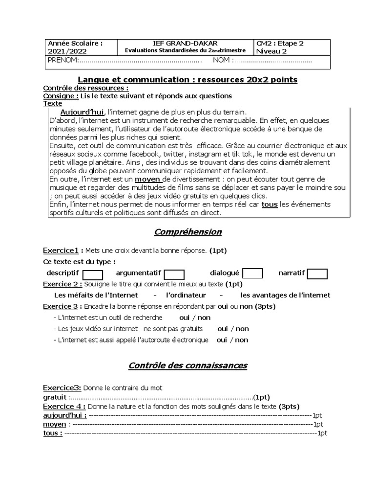 Évaluations CM2 2ème trimestre 2021/2022 | PDF | l'Internet | la ...