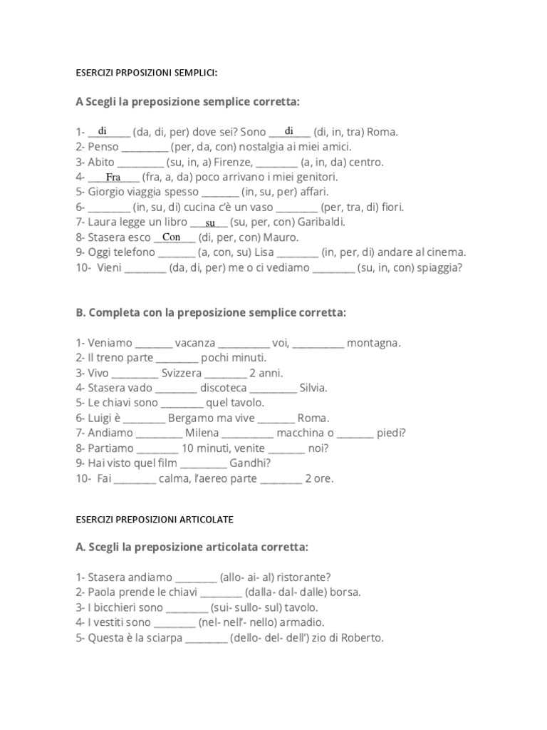 Esercizi Preposizioni Semplici | PDF