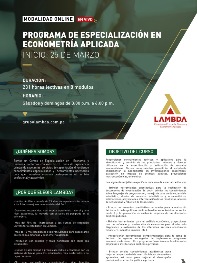 Brochure - Programa de Especialización en Econometría Aplicada 2023 PDF | PDF | Econometría ...