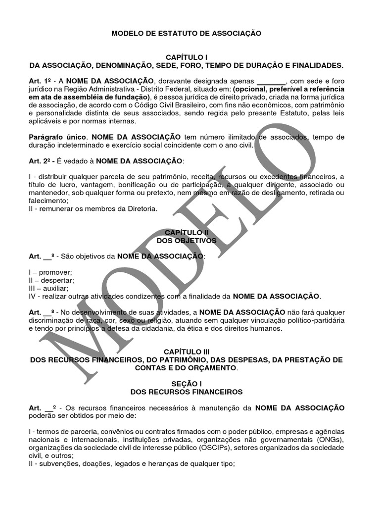 Modelo de Estatuto de Associação | PDF | Contabilidade | Doação Modelo de Estatuto de Associação | PDF | Contabilidade | Doação