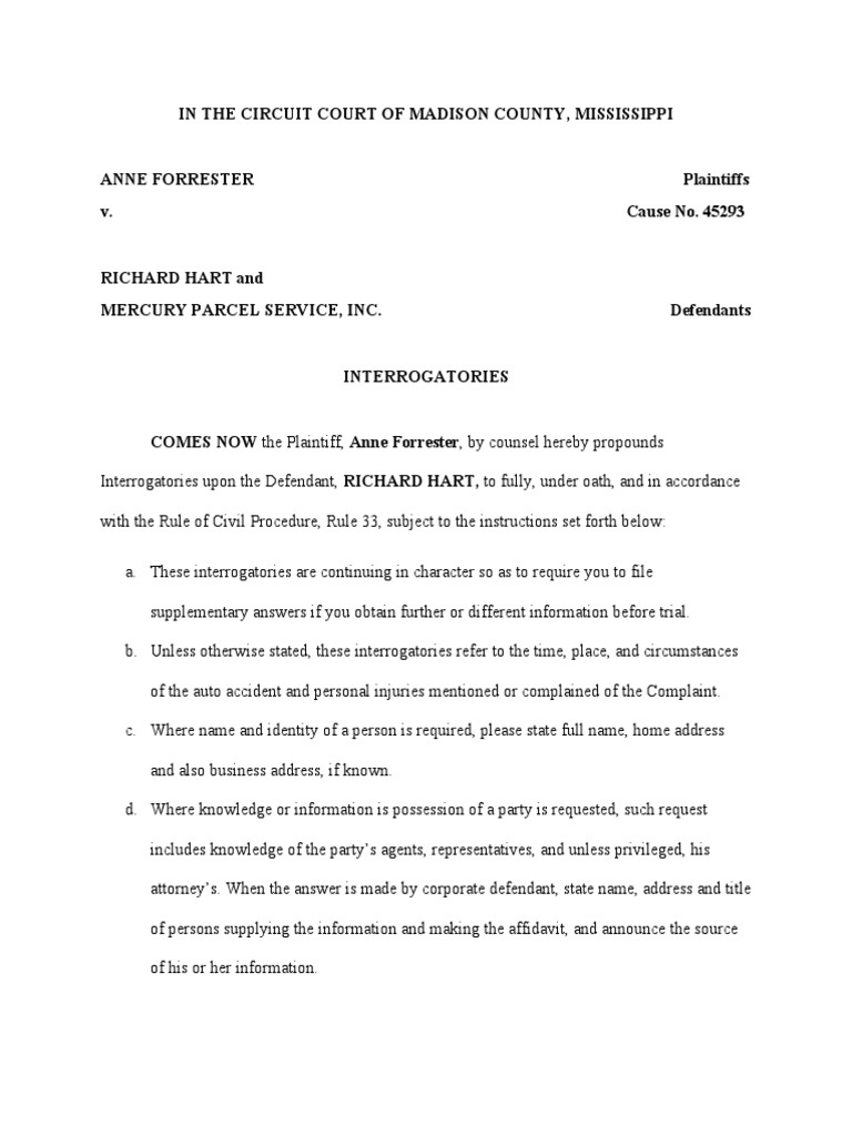 Interrogatories Forrester V Hart | PDF | Interrogatories | Insurance