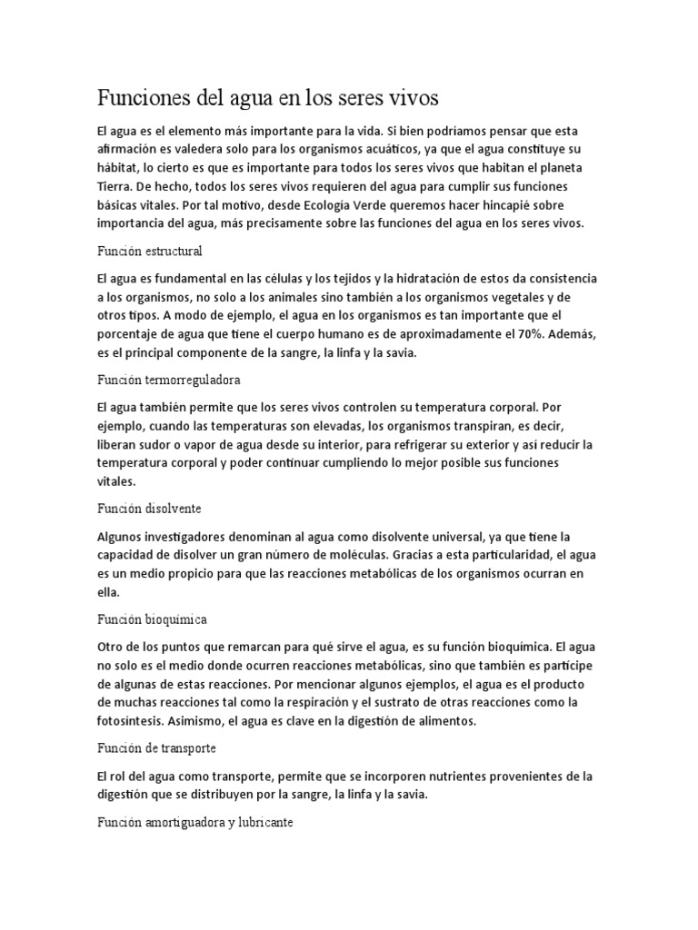 Funciones Del Agua en Los Seres Vivos | PDF | Agua | Organismos