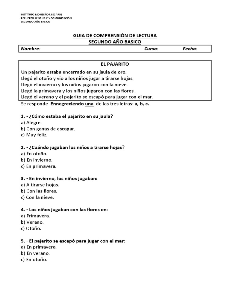 Guia de Trabajo Comprension Lectora Segundo Basico Semana 27 Al 31 de ...