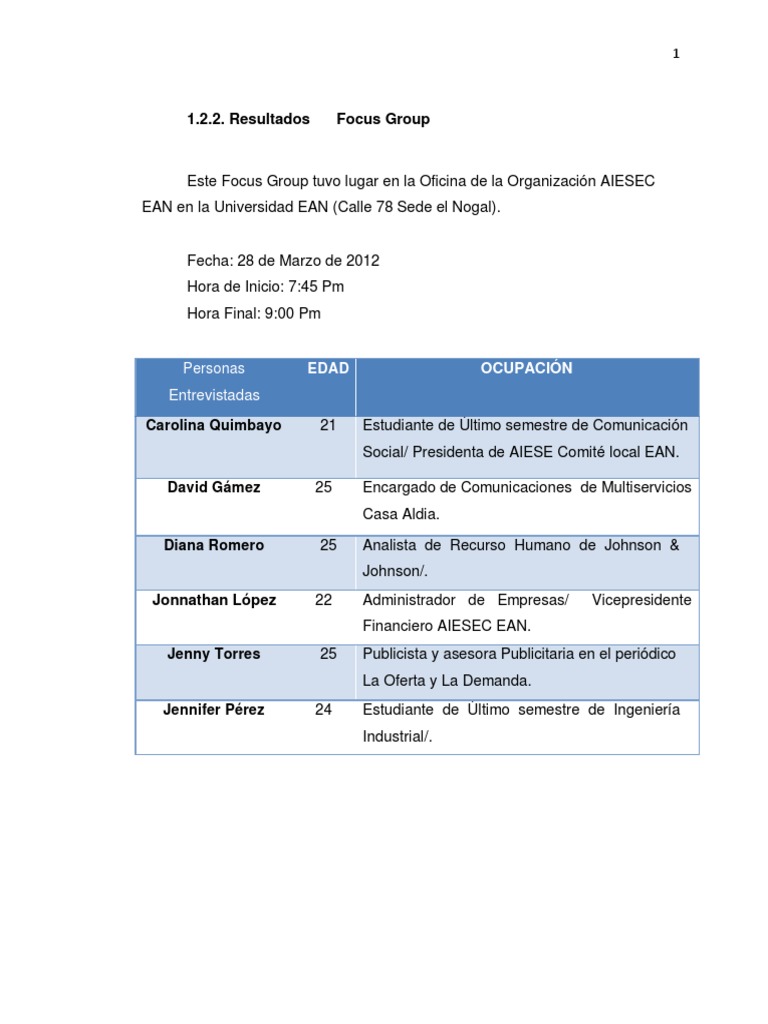 Ejemplo - Informe - Focus Group | PDF