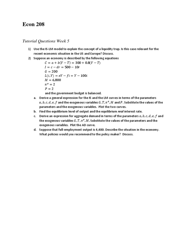 05 Econ 208 Week 5 Tutorial Problems | PDF