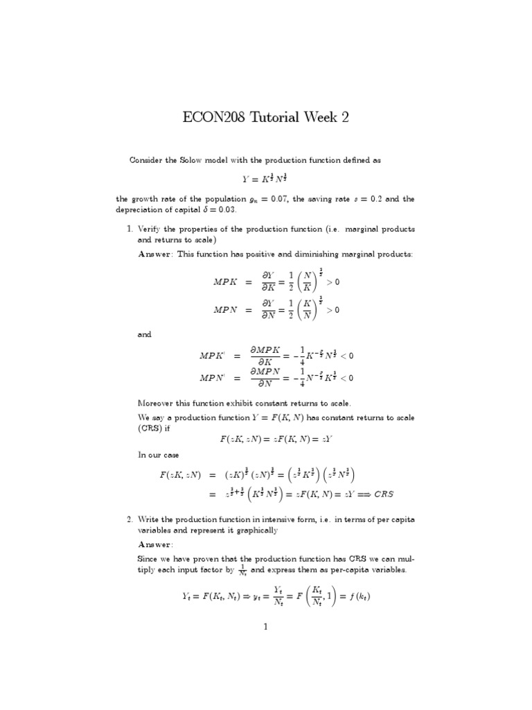 02 Econ 208 Week 2 Tutorial Solutions | PDF | Production Function | Economic Growth