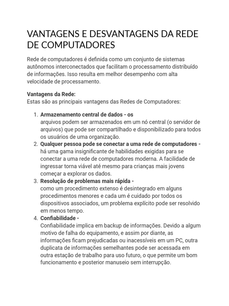 Vantagens e Desvantagens Da Rede de Computadores | PDF | Rede de ...