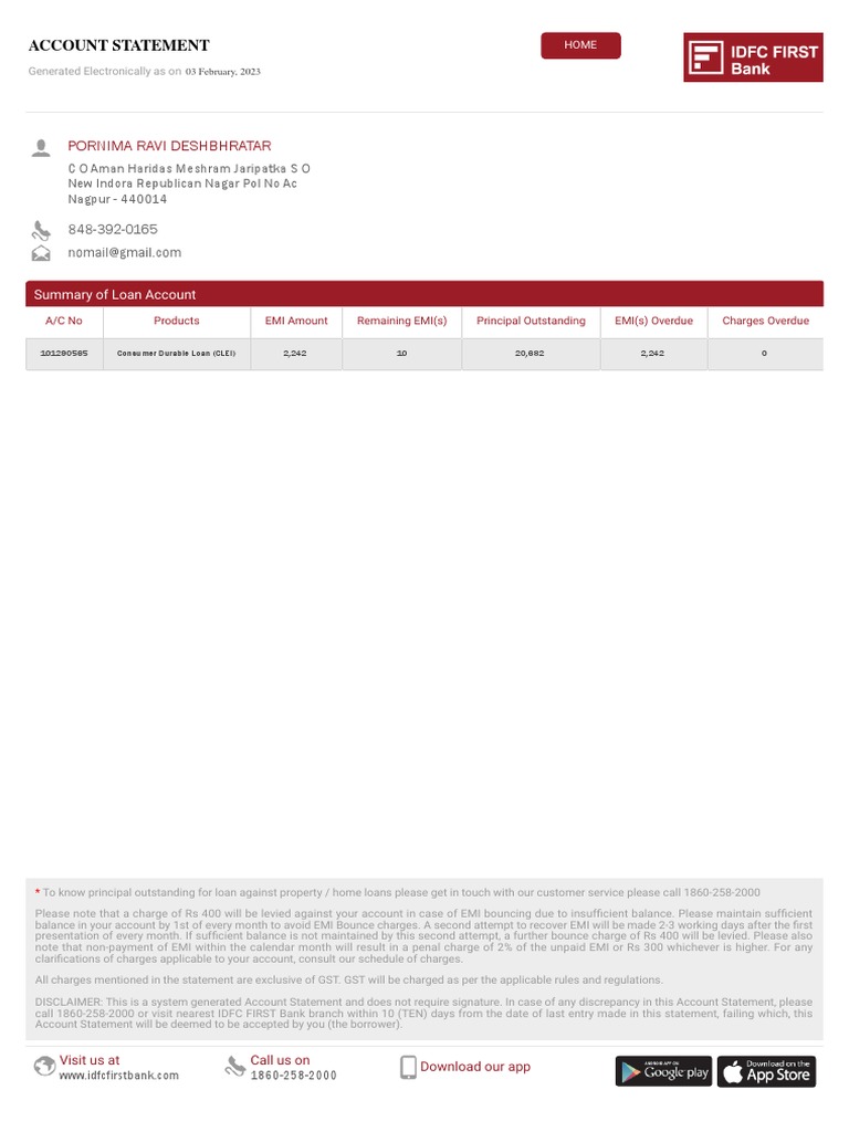IDFC Loan Account Statement Overview | PDF | Payments | Credit Card