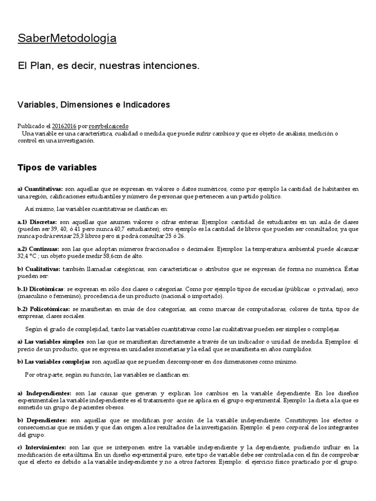 Variables, Dimensiones e Indicadores - SaberMetodología | PDF | Nivel de medida | Medición
