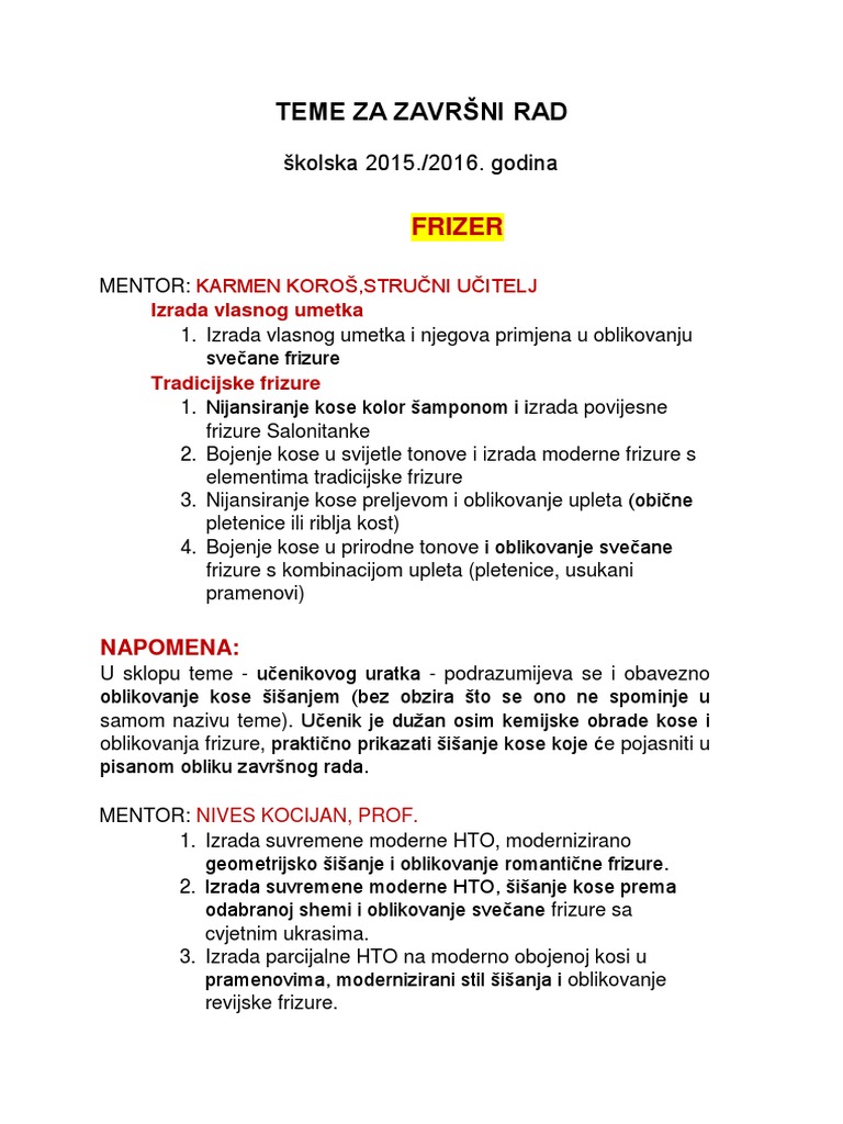 TEME ZA ZAVRSNI RAD - Frizer PDF | PDF