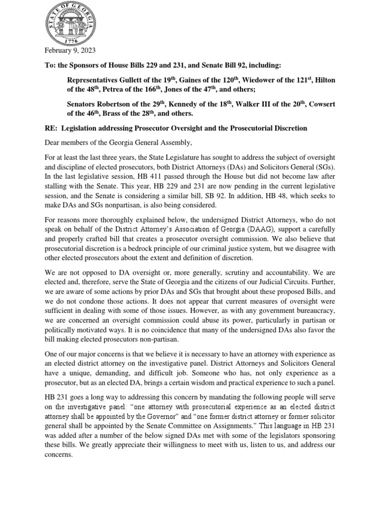 DA Oversight Letter (Final) | PDF | Prosecutor | Discretion