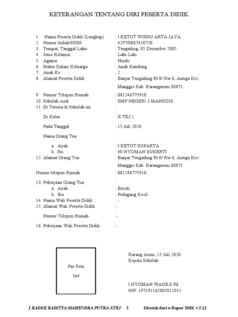 Keterangan Tentang Diri Peserta Didik I Ketut Wisnu Arta Jaya | PDF