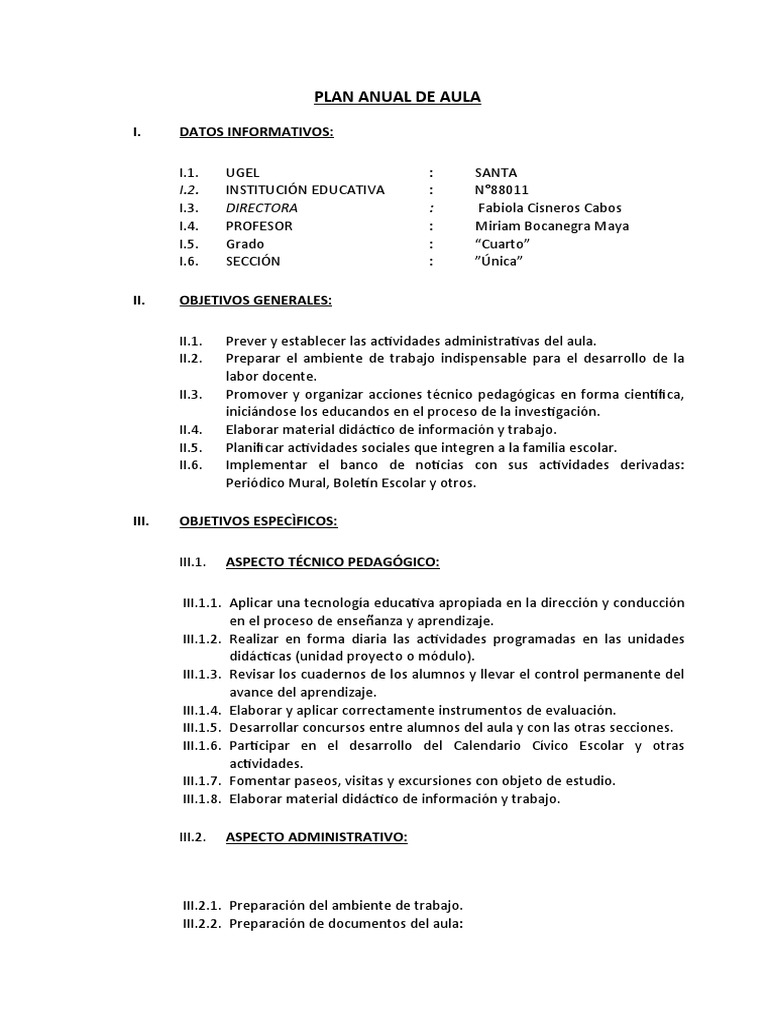 Plan Anual de Aula Del 4to Grado | PDF | Maestros | Salón de clases