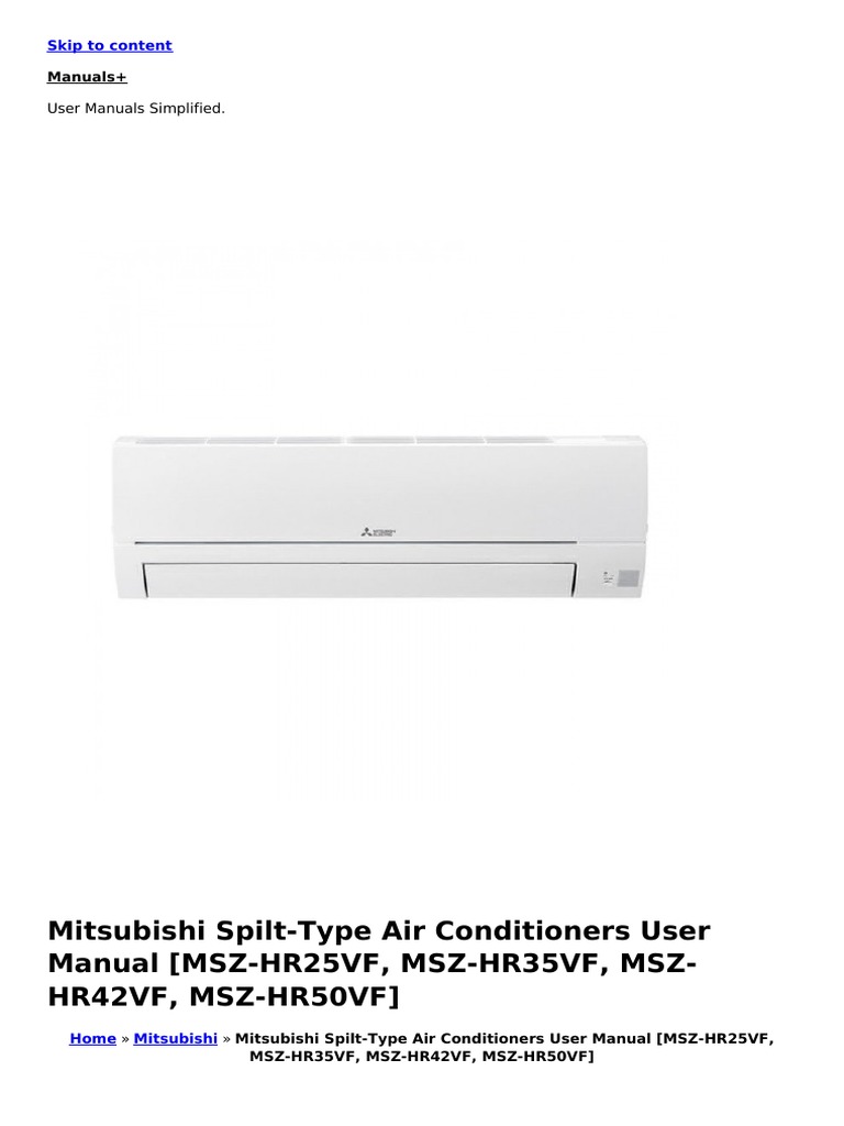 Mitsubishi Spilt Type Air Conditioners Manual MSZ hr25vf MSZ hr35vf MSZ hr42vf MSZ hr50vf | PDF ...