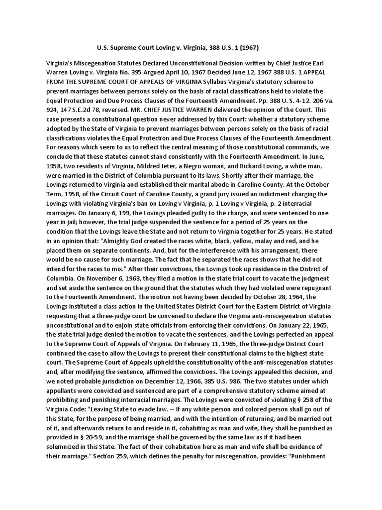 Loving V Virginia 388 U S 1 (1967) | PDF | Loving V. Virginia | Equal ...