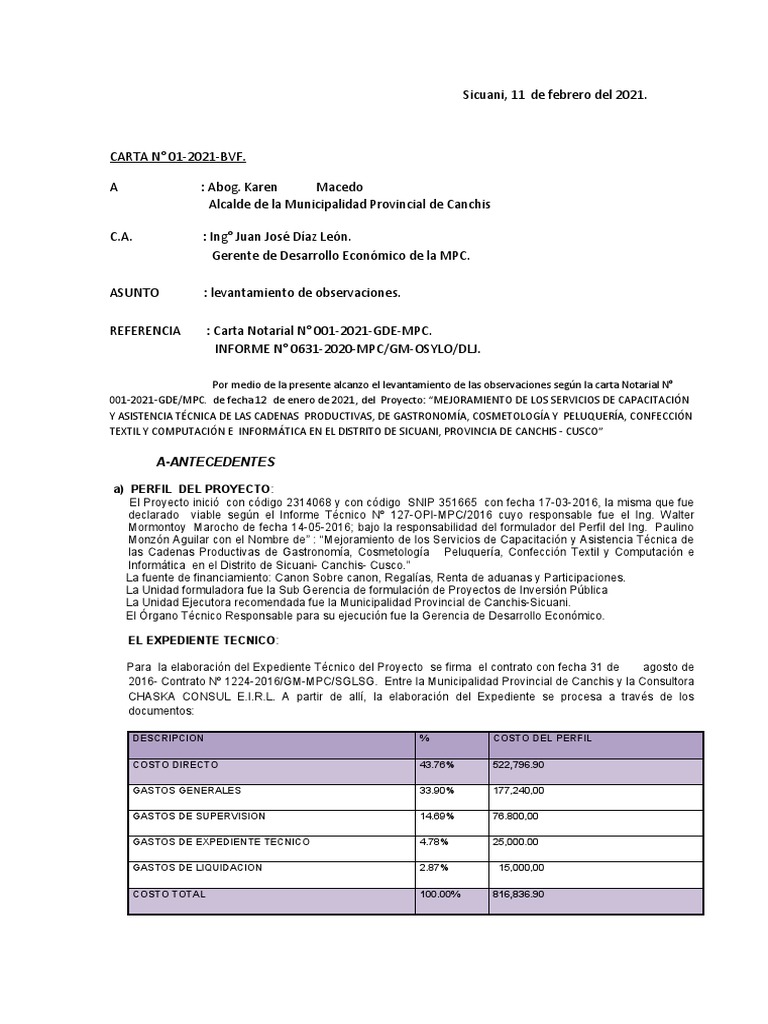 Carta de Levantamiento de Observaciones Proyecto | PDF