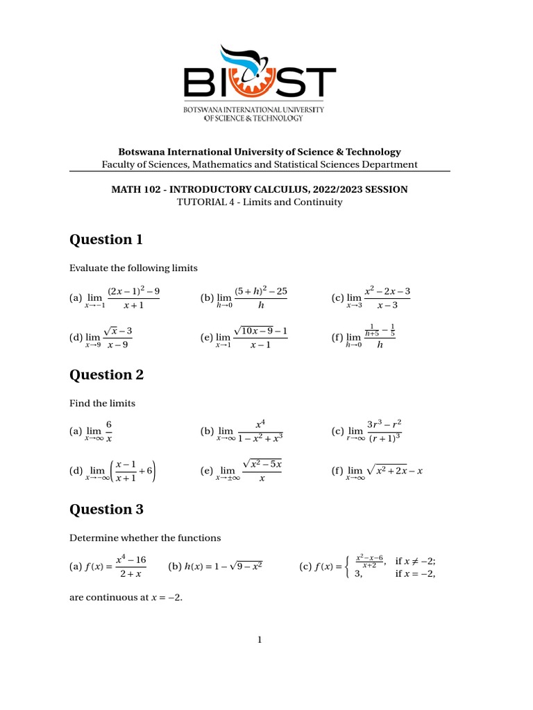 MATH 102 Tutorial 4 - Limits and Continuity | PDF | Mathematical ... MATH 102 Tutorial 4 - Limits and Continuity | PDF | Mathematical ...