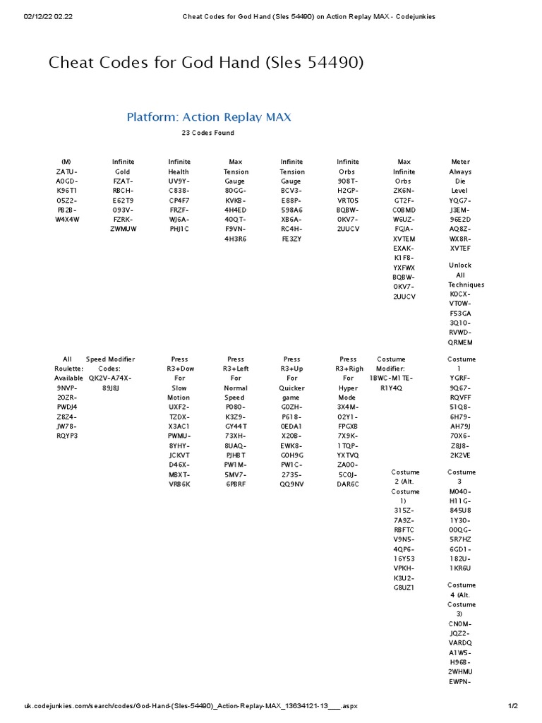 Cheat Codes For God Hand (Sles 54490) On Action Replay MAX ...