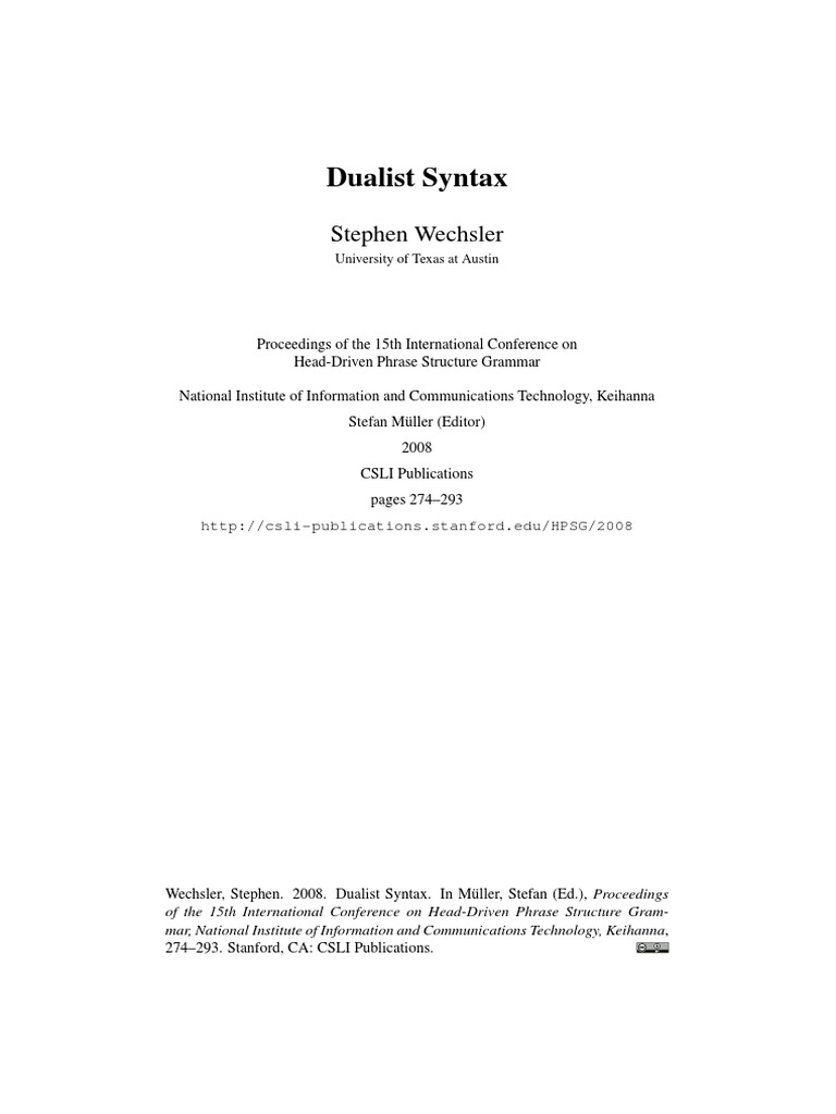 Stephen Wechsler 2008 Dualist Syntax | PDF | Syntax | Noun