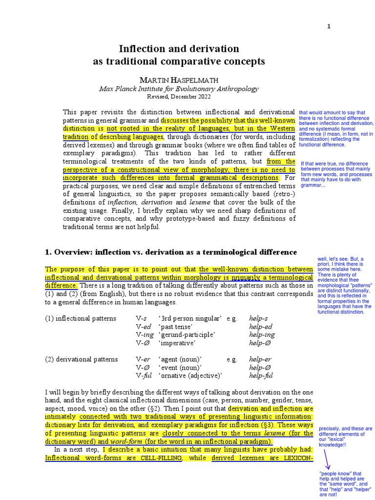 Martin Haspelmath 2022 Inflection and Derivation As Traditional Concepts | PDF | Morphology ...