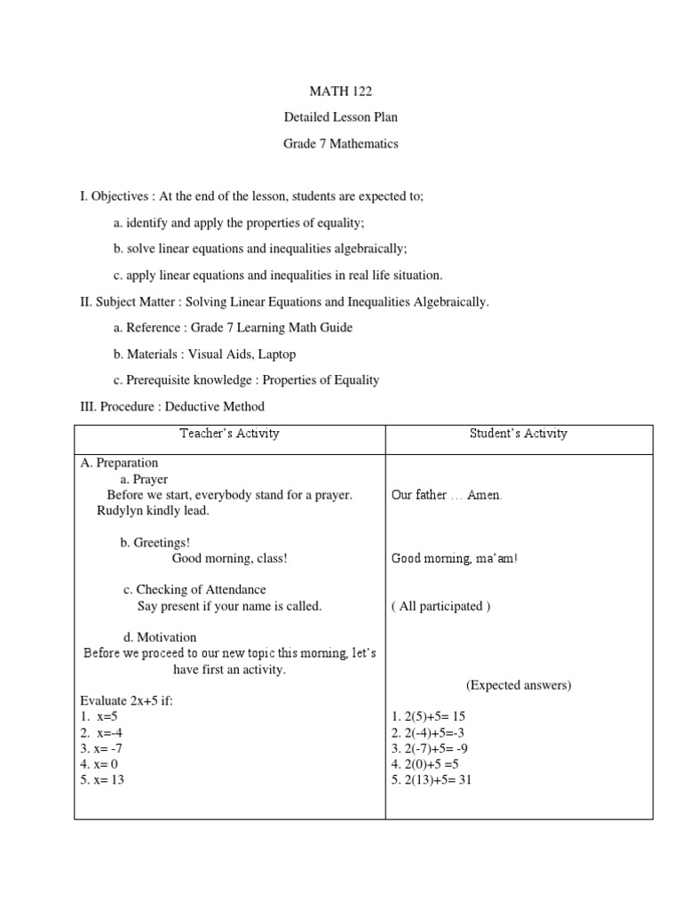 Detailed Lesson Plan | PDF | Equations | System Of Linear Equations Detailed Lesson Plan | PDF | Equations | System Of Linear Equations
