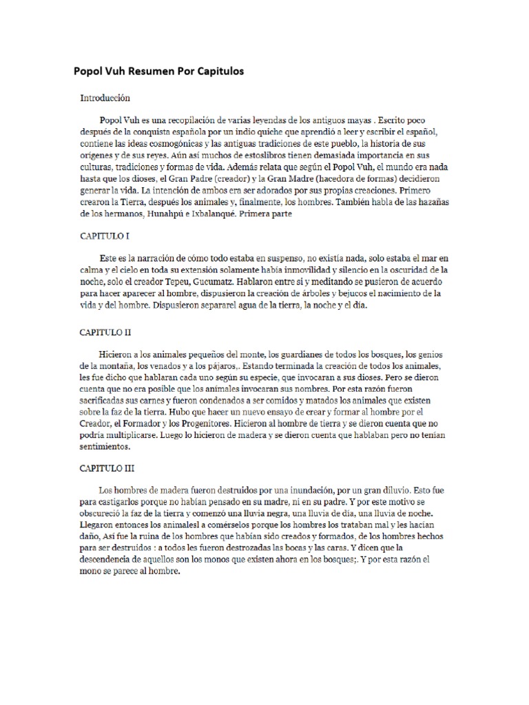 Popol Vuh Resumen Por Capitulos | PDF