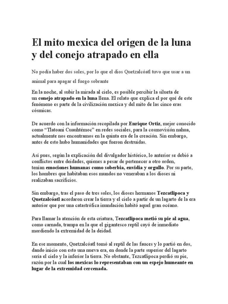 El Mito Mexica Del Origen de La Luna y Del Conejo Atrapado en Ella | PDF