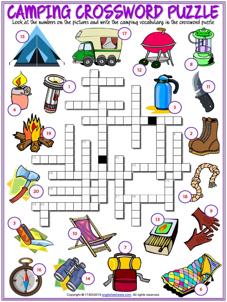 Camping Vocabulary Esl Crossword Puzzle Worksheet For Kids | PDF