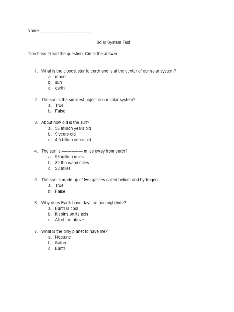 Solar System Unit Pretest Post Test | PDF