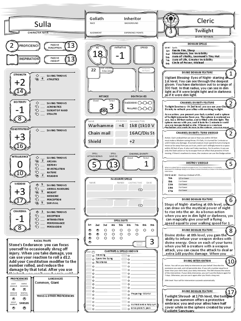 Goliath Twilight Cleric Character Sheet | PDF
