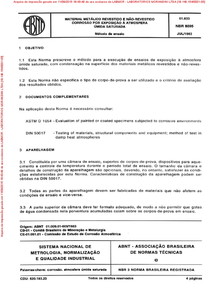 ABNT NBR 8095-1983 - Corrosão Por Exposição A Atmosfera Úmida Saturada ...