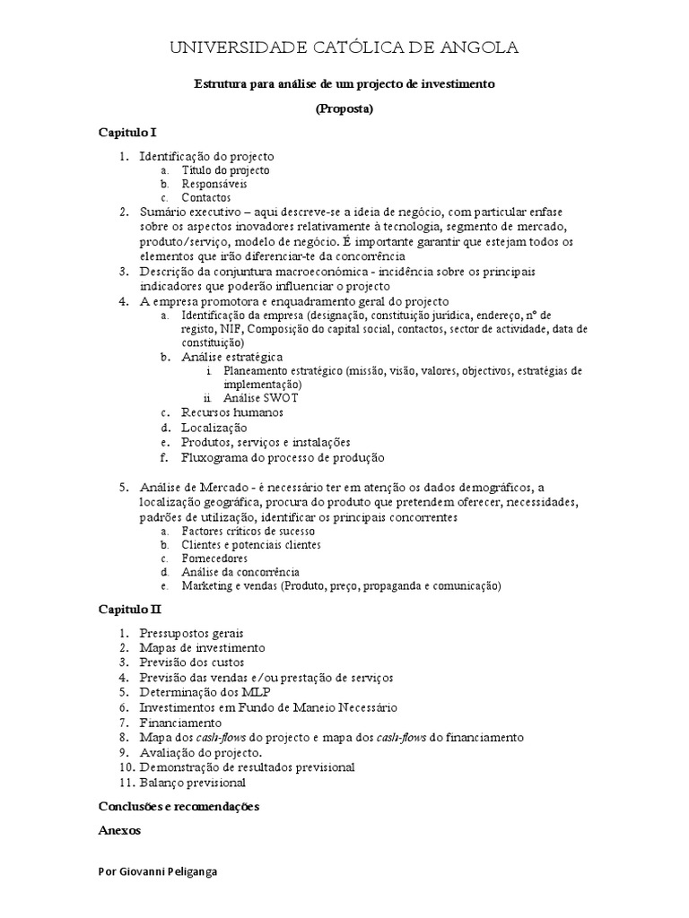 Projecto de Investimento - Estrutura | PDF | Investimentos | Mercado (economia)