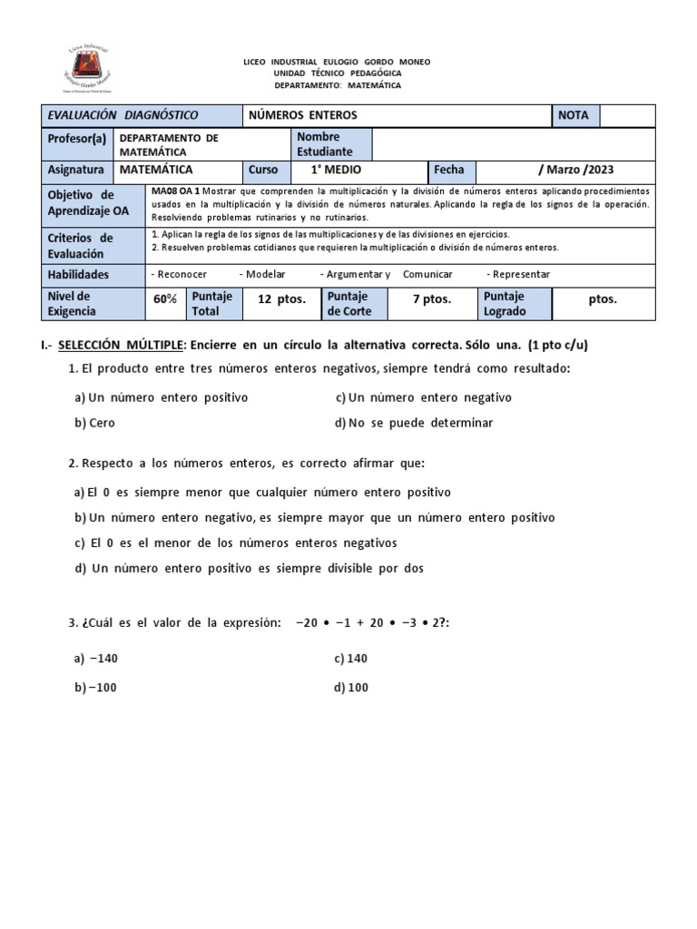 2023 Math 1°medio Eval. Diagnóstico Enteros | PDF