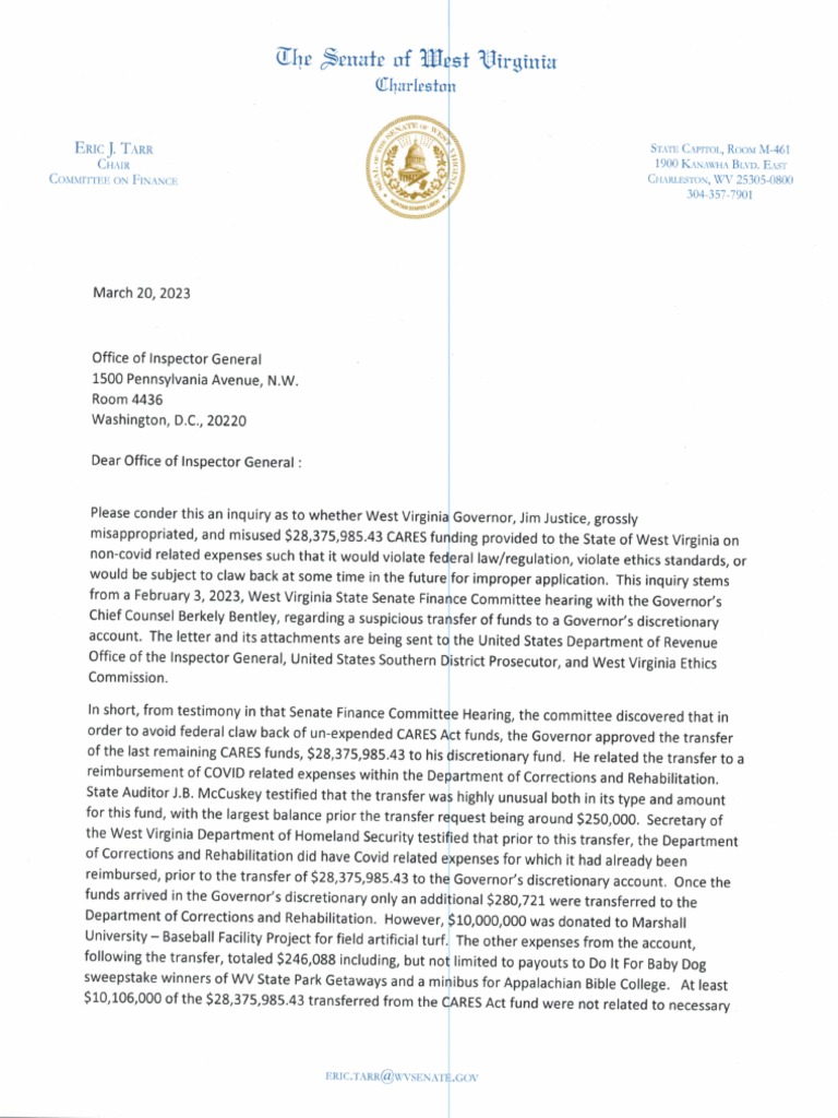Letter From Senator Tarr To Office of Inspector General Letter | PDF