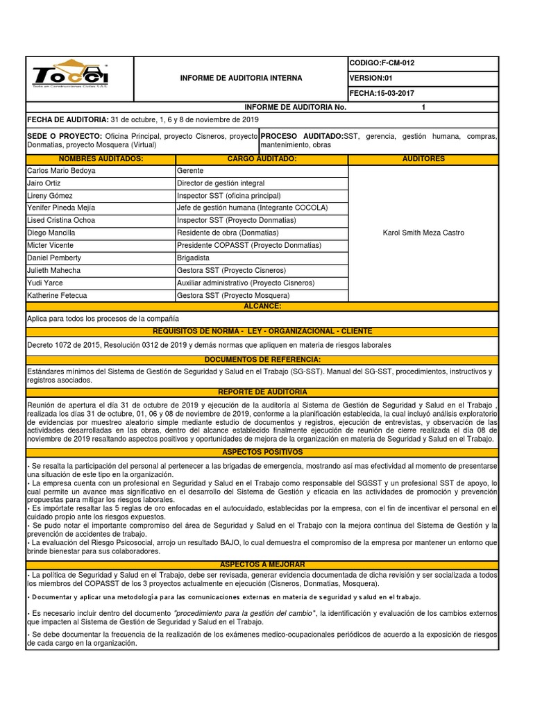 F-CM-12 Informe de Auditoria Interna SG-SST 2019 PDF | PDF | Auditoría ...