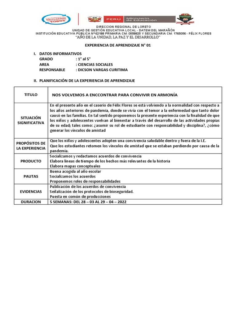 Experiencia De Aprendizaje 01 Pdf Aprendizaje Perú