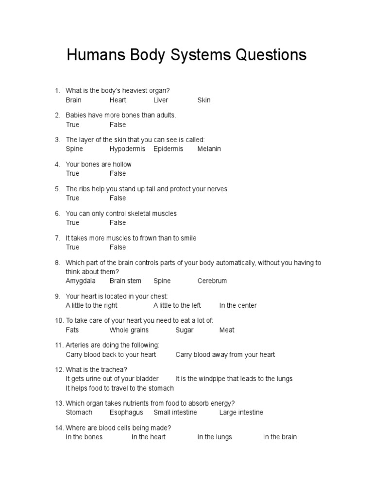 Humans Body Systems Questions Answered | PDF | Human Body ...