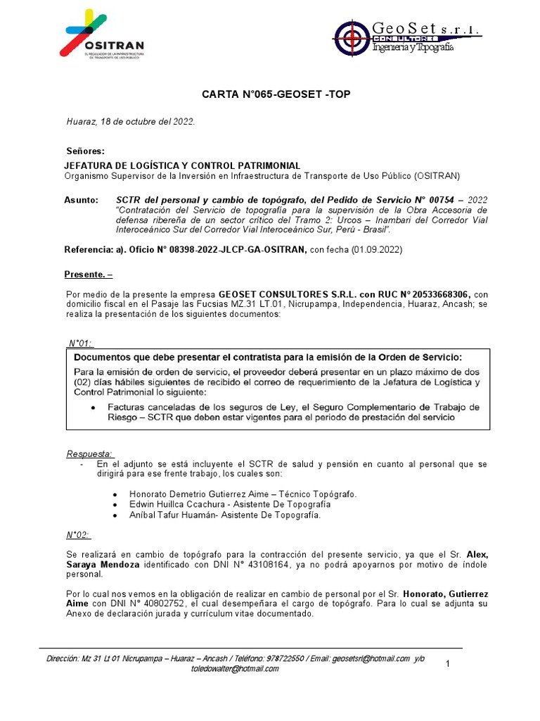 01 CARTA N°065-GEOSET - TOP - SCTR y Cambio de Topografo | PDF
