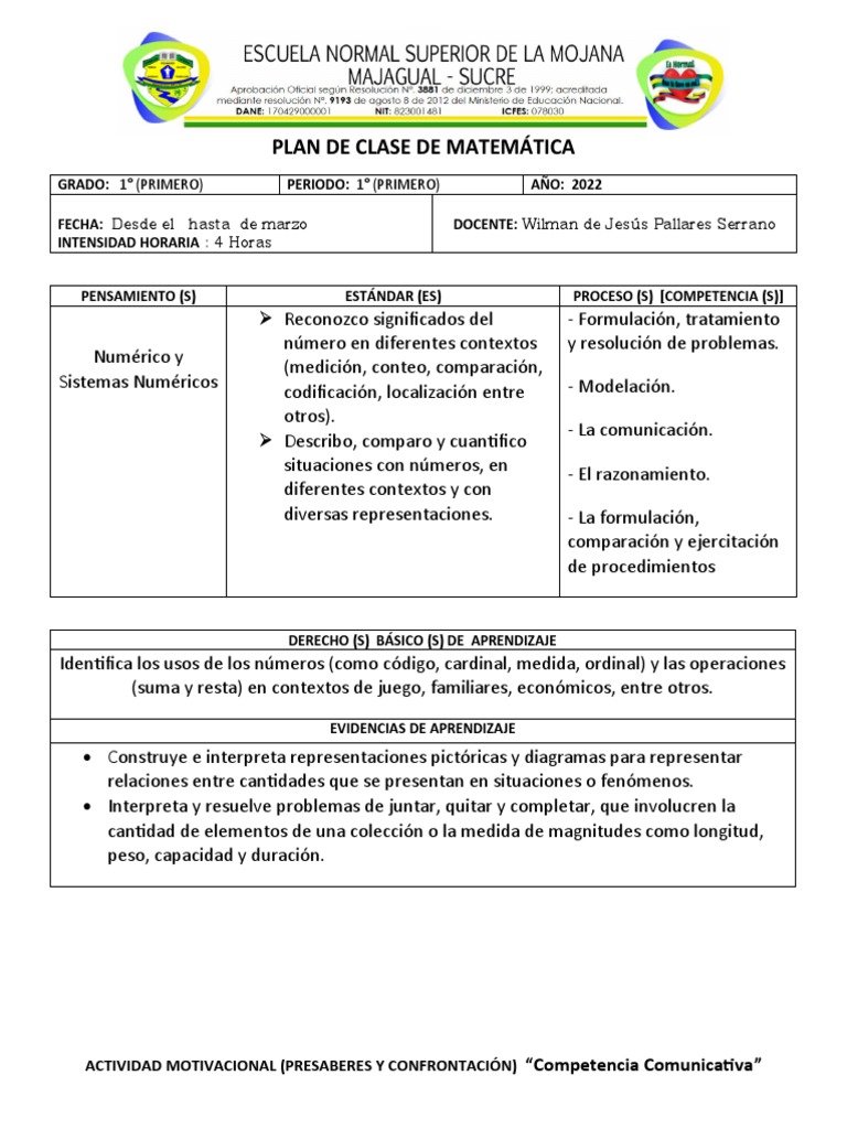Plan De Clase De Matemática Para Primer Grado Sobre Números Naturales