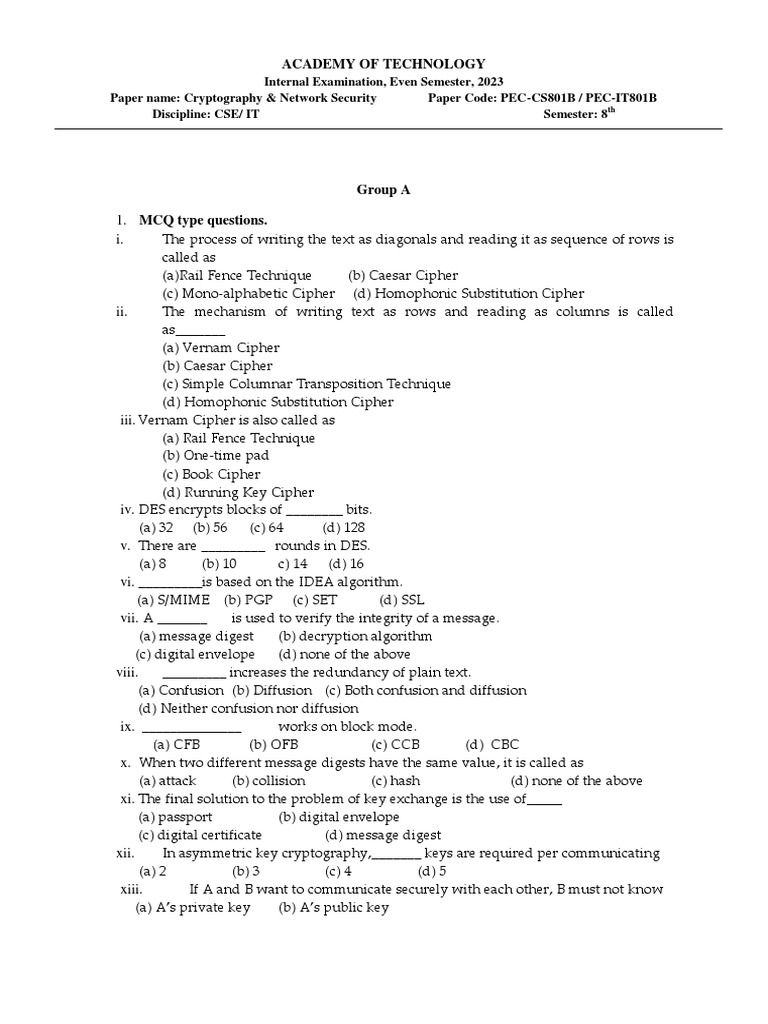 Cryptography & Network Security Exam 2023 | PDF | Public Key Cryptography | Encryption