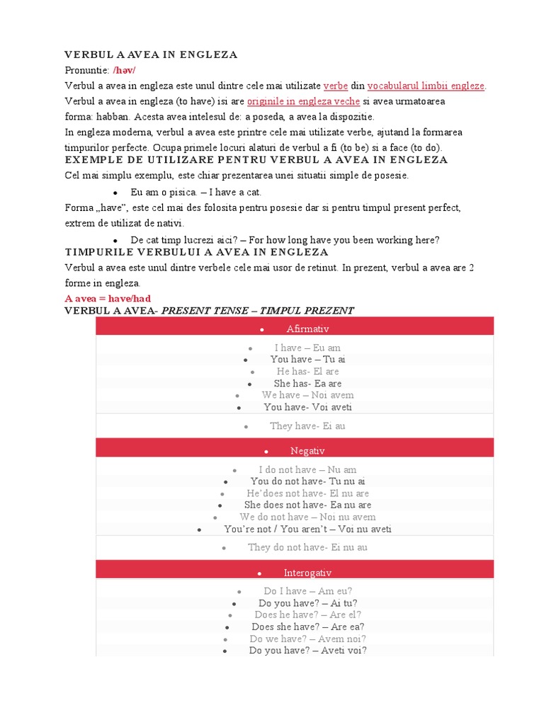 Verbul A Avea in Engleza | PDF | Linguistics | Grammar