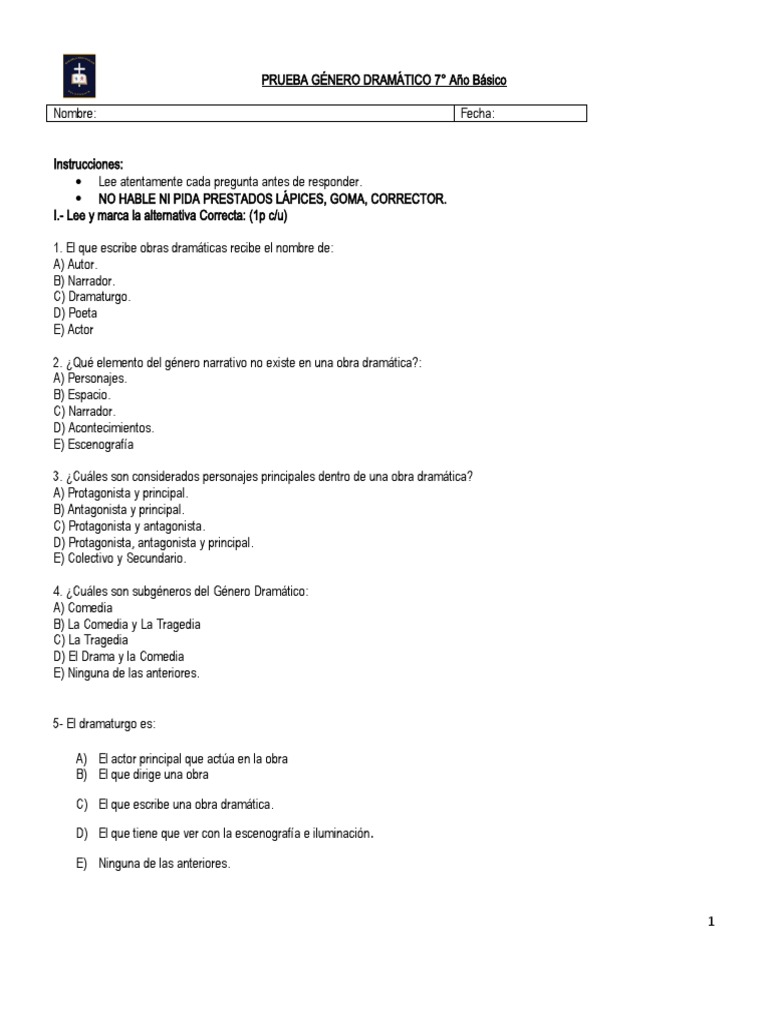 'Prueba GENERO DRAMATICO 7° | PDF
