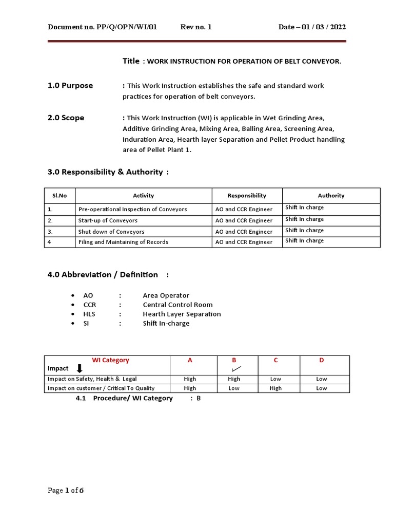 01 Work Instruction For Operation Of Belt Conveyor Updated Pdf