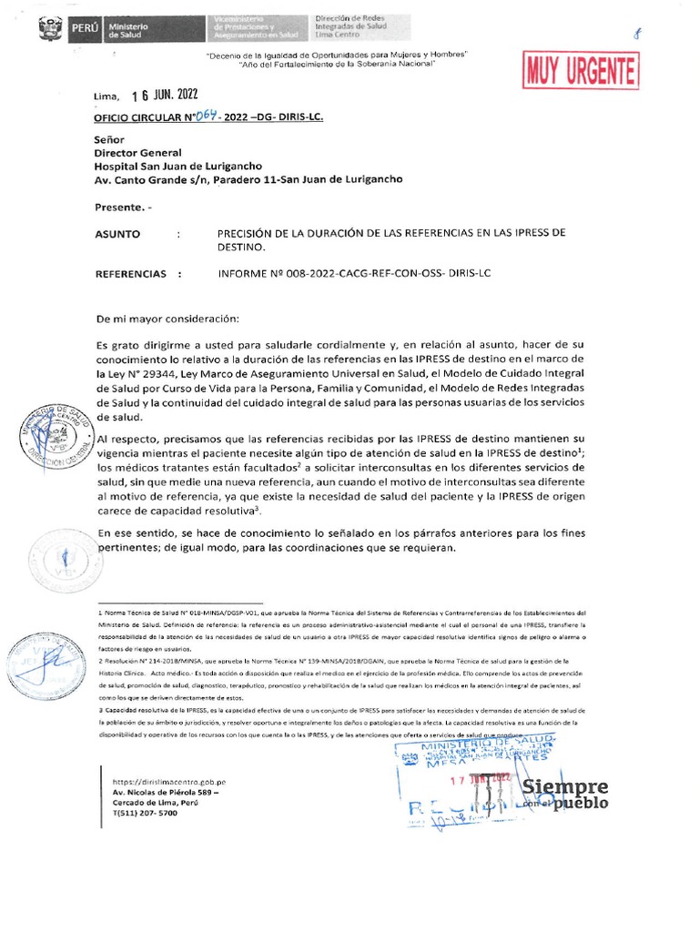 Oficio Circular N°064-2022-DG-DIRIS-LC | PDF