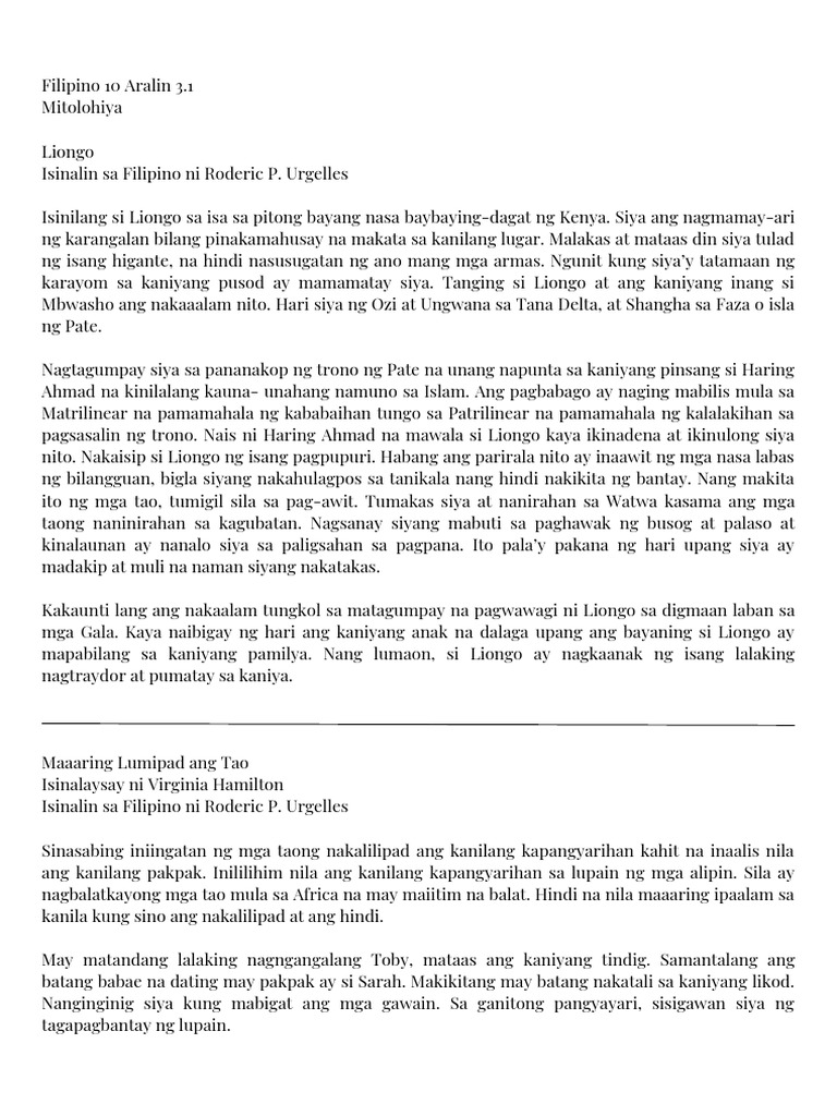 Fil 10 Aralin 3.1: Mitolohiya | PDF