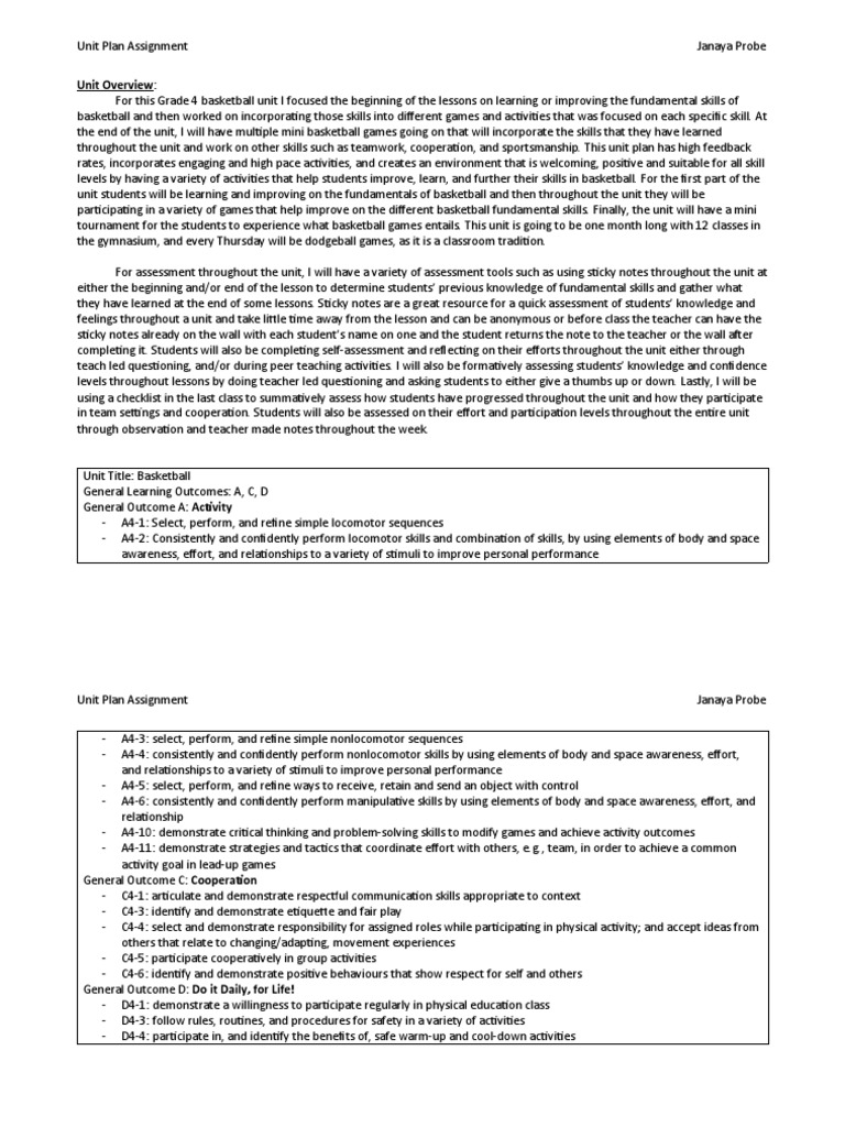 Grade 4 Basketball Unit Plan | PDF | Teachers | Learning