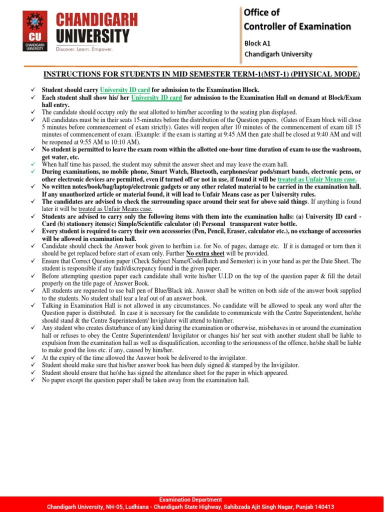 MST-1 Exam Instructions for Students | PDF