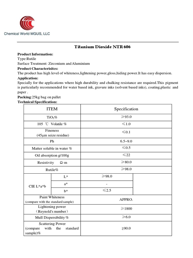 Titanium Dioxide NTR 606 Product Info | PDF