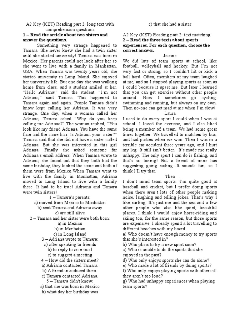 A2 Key (KET) Reading Part 3 Long Text With Comprehension Questions | PDF